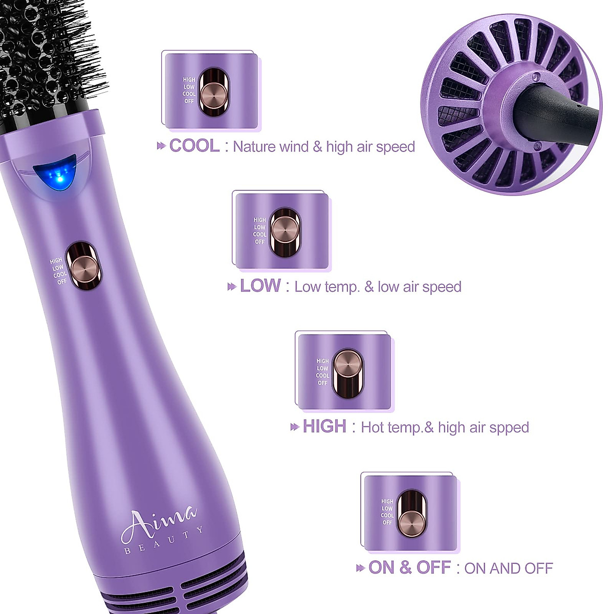 Hot Air Brush, Aima Beauty Salon One-Step Hair Dryer and Volumizer, 4-in-1 Hair Dryer Brush, Hair Styling Tools, Purple-Round