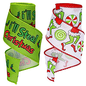 Whaline 12 Yards Christmas Wired Edge Ribbon Xmas Funny Cartoon Character Craft Ribbon Christmas Decorative Fabric Ribbon for Gift Wrapping DIY Floral Arrangement Wreath Bow, 2.5 Inch, 2 Roll