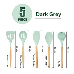 Kitchen Utensils Set, 5 Pcs Non-Stick Silicone Kitchen Cooking Utensils with Wooden Handle, Kitchen Spatula Cookware Utensils Set, Heat Resistant Silicone Kitchen Gadgets (Light Green)
