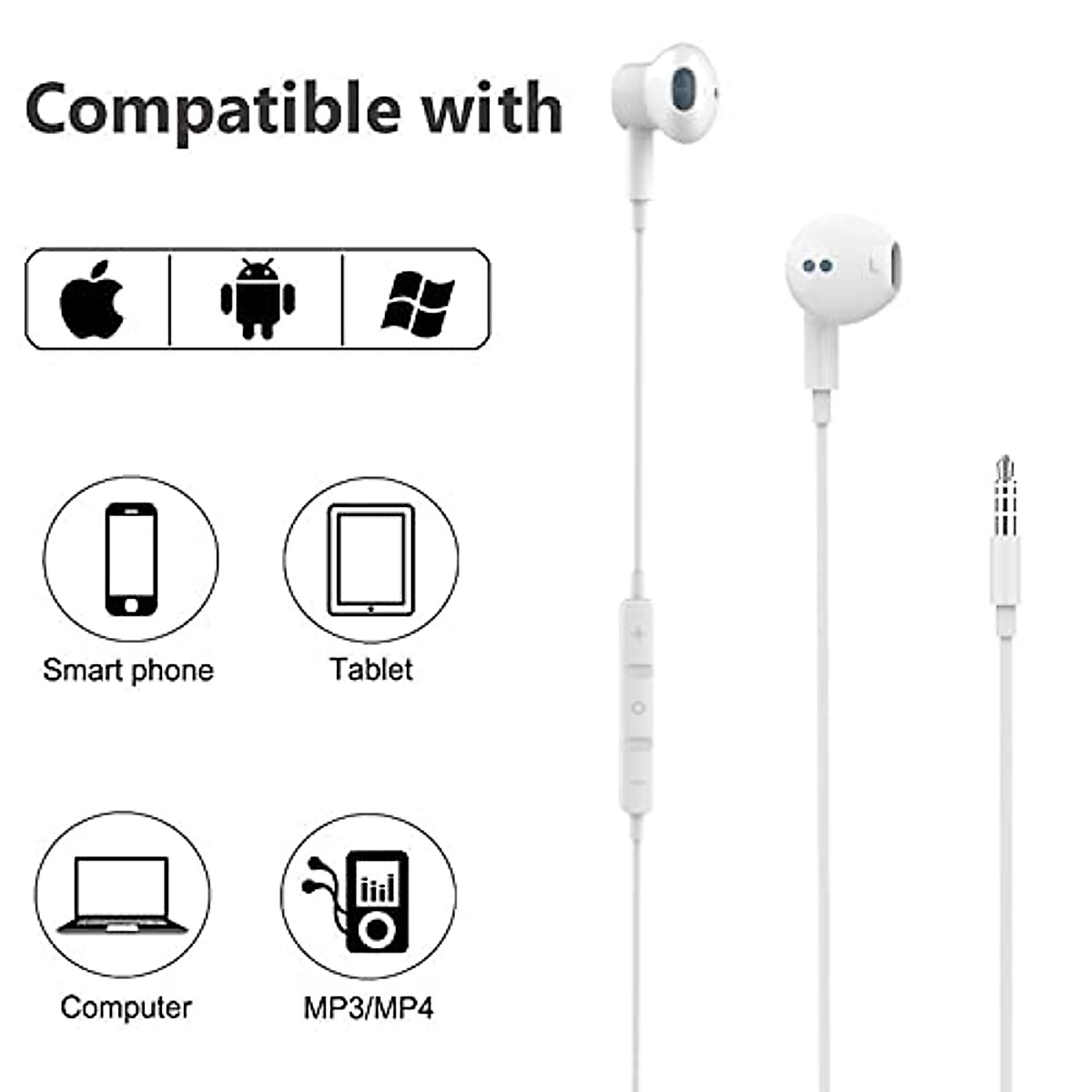 Hi-Res Extra Bass Earbuds Noise Isolating in-Ear Headphones Wired Earbuds with Microphone for iPhone, iPad, MP3, Huawei, Samsung, Lightweight Earphones with Volume Control 3.5mm Jack Headphones