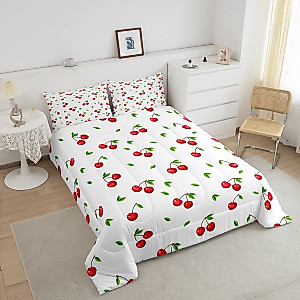 Erosebridal Cherry Bedding Set Pink Fruits Comforter Set for Adult Women Girls Kawaii Room Decor Bedding Duvet Soft Simple Style Quilted Duvet Teens Boys Cherry Print Down Comforter, Queen Size
