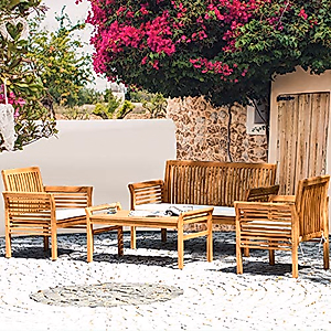 Tangkula 4 Piece Outdoor Acacia Wood Sofa Set with Water Resistant Cushions, Padded Patio Conversation Table Chair Set w/Coffee Table for Garden, Backyard, Poolside (1)