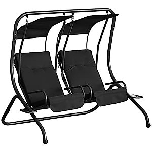 Outsunny Patio Swing Chair with 2 Separate Seats, Outdoor Swing Glider with Removable Canopy and Cup Holders, for Porch, Garden, Poolside, Backyard, Black