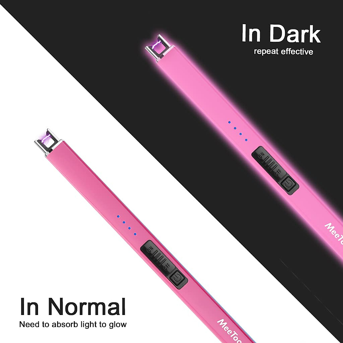 MeeToo Fluorescent Lighter Electric Candle Lighter Rechargeable USB Lighter Plasma Arc Windproof Grow in The Dark for Candle Party (Pink)