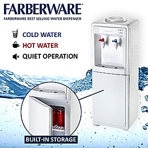 Farberware FW29919 Freestanding Hot and Cold Water Cooler Dispenser - Top Loading Freestanding Water Dispenser with Storage Cabinet, White