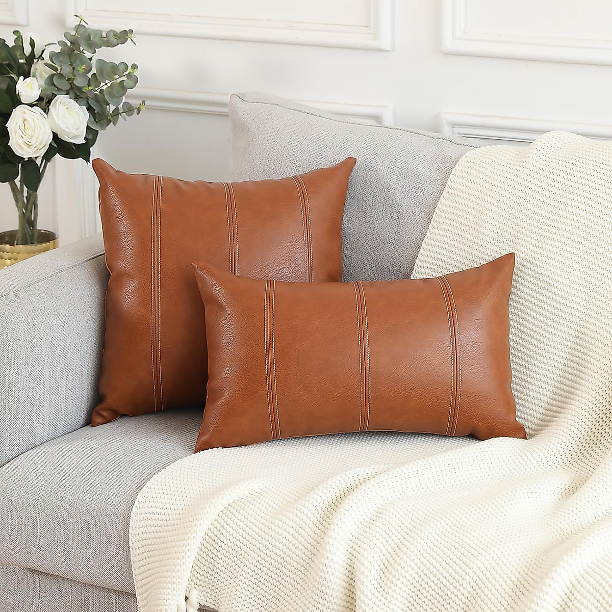 MANDIOO Set of 2 Boho Striped Faux Leather Throw Pillow Covers 16x16 Inch Modern Luxury Square Decorative Cushion Cases for Living Room Bedroom Sofa Couch Brown