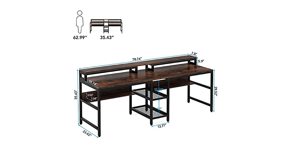 Tribesigns Double Computer Desk with Storage Shelf - Rustic Brown