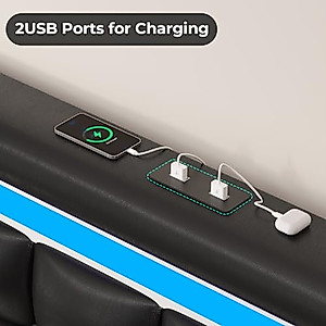 BTHFST King Size Bed Frame with LED Lights,PU Leather Bed with Storage Drawers & Adjustable Headboard,Platform Bed with Power Outlets,Noise-Free,Black