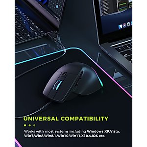 Wired RGB Mouse for Laptop, Ergonomic Computer Mouse, Quiet Click, 4-Level DPI, 7 Buttons, LED Light with Thumb Rest Mouse Compatible for PC/Desktop/Notebook/MAC/Gamer(for Right Hand, Large), Black