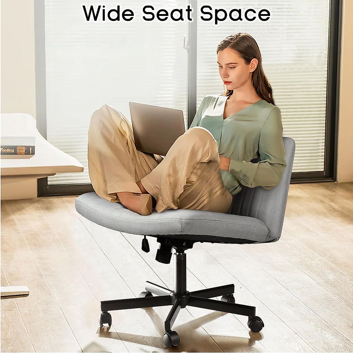 PUKAMI Criss Cross Chair with Wheels,Fabric Padded Armless Cross Legged Office Desk Chair for Home Office,Modern Swivel Height Adjustable Wide Seat Computer Task Vanity Chair(Grey)