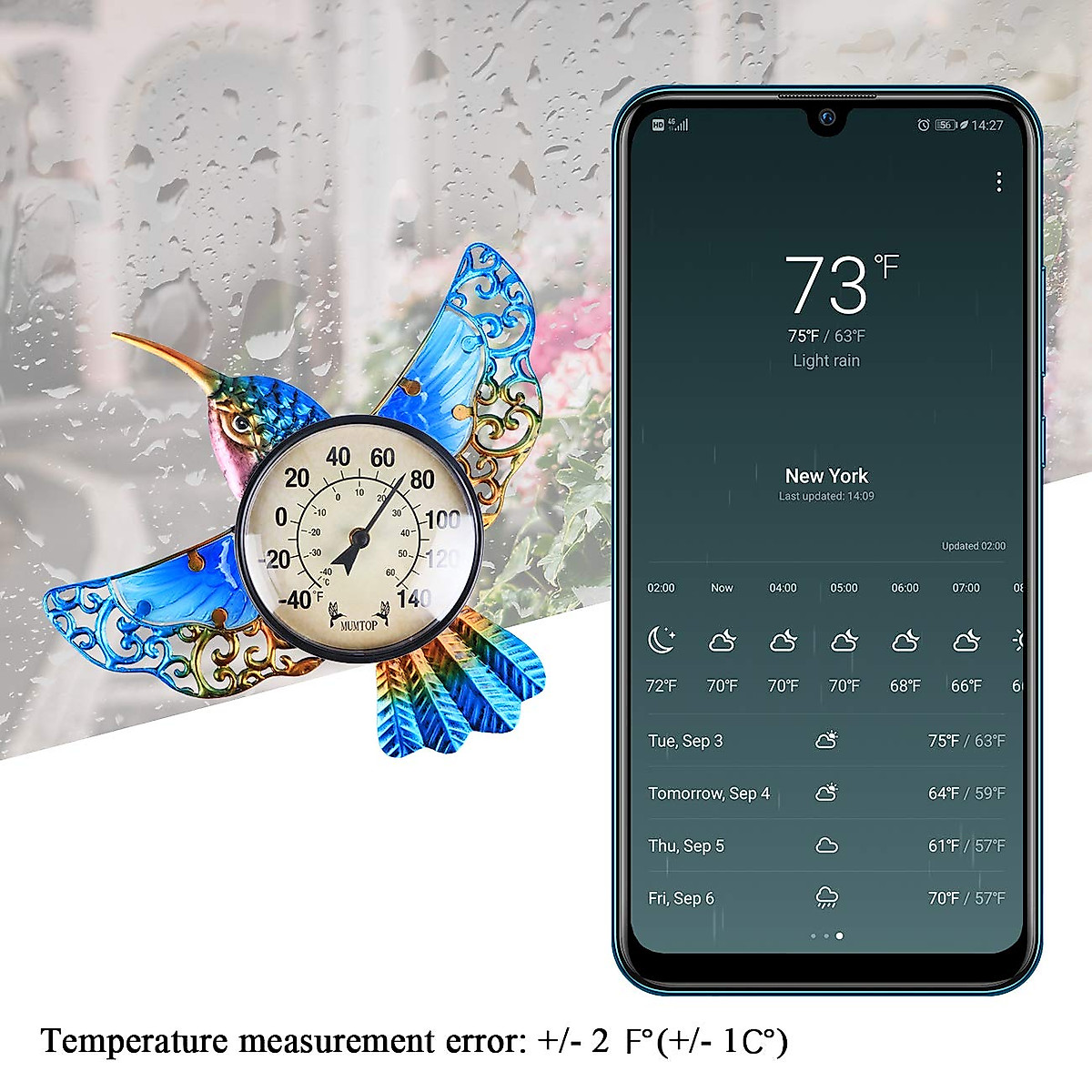 MUMTOP Indoor Outdoor Thermometer Hummingbird Waterproof Wall-Mounted Thermometer Exquisite Decoration Does not Require Any Battery