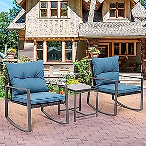 Temminkii 3-Piece Outdoor Bistro Set Wicker Rocking Chair Patio Furniture Blue Cusion Glass Coffee Table for Garden (Blue)