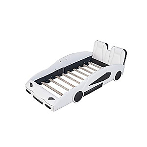 Merax Modern Wood Race Car-Shaped Bed Frame with Seat Wingback Fun Floor Car Bed for Boys Girls/No Box Spring Needed Twin White