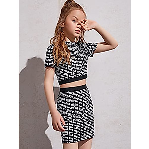 Milumia Girl Two Piece Outfits Geo Print Mock Neck Short Sleeve Tee and Mini Skirt Set Black and White 10 Years