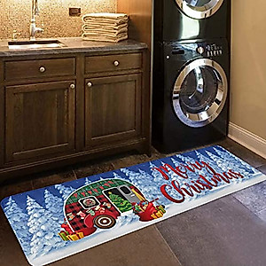 Libaoge Kitchen Mat Rug 1 PCS Merry Christmas Tree Gift Red and Green Camper in Snow Runner Rug Anti-Fatigue Comfort Memory Foam Standing Mat Non-Slip Floor Door Mat for Bathroom Bedroom 16x47in