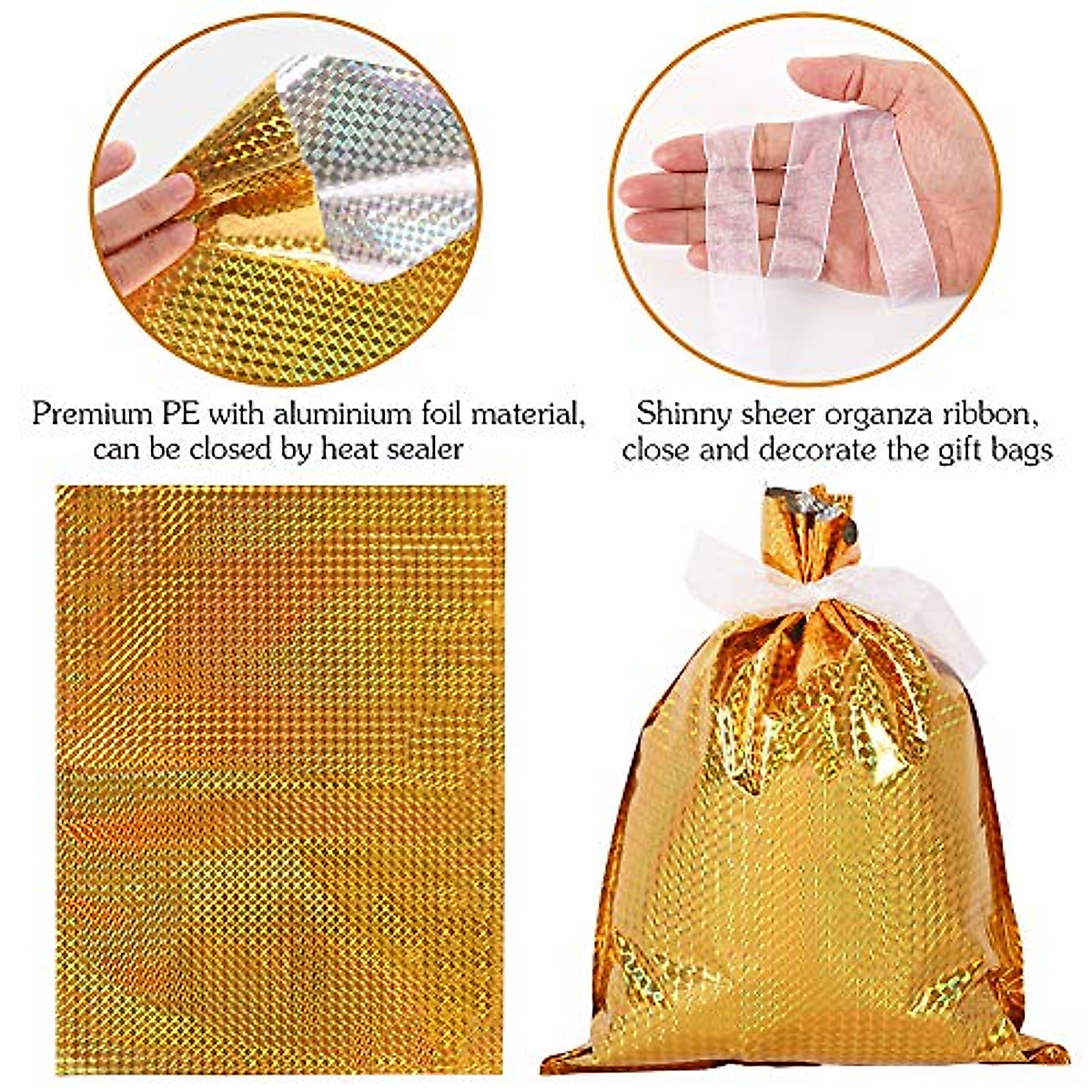 HRX Package Gold Foil Gift Bags with Ribbon Ties, 30pcs Gift Wrapping Sacks Pouches Christmas Mylar Goody Bags for Xmas Presents Party Favor