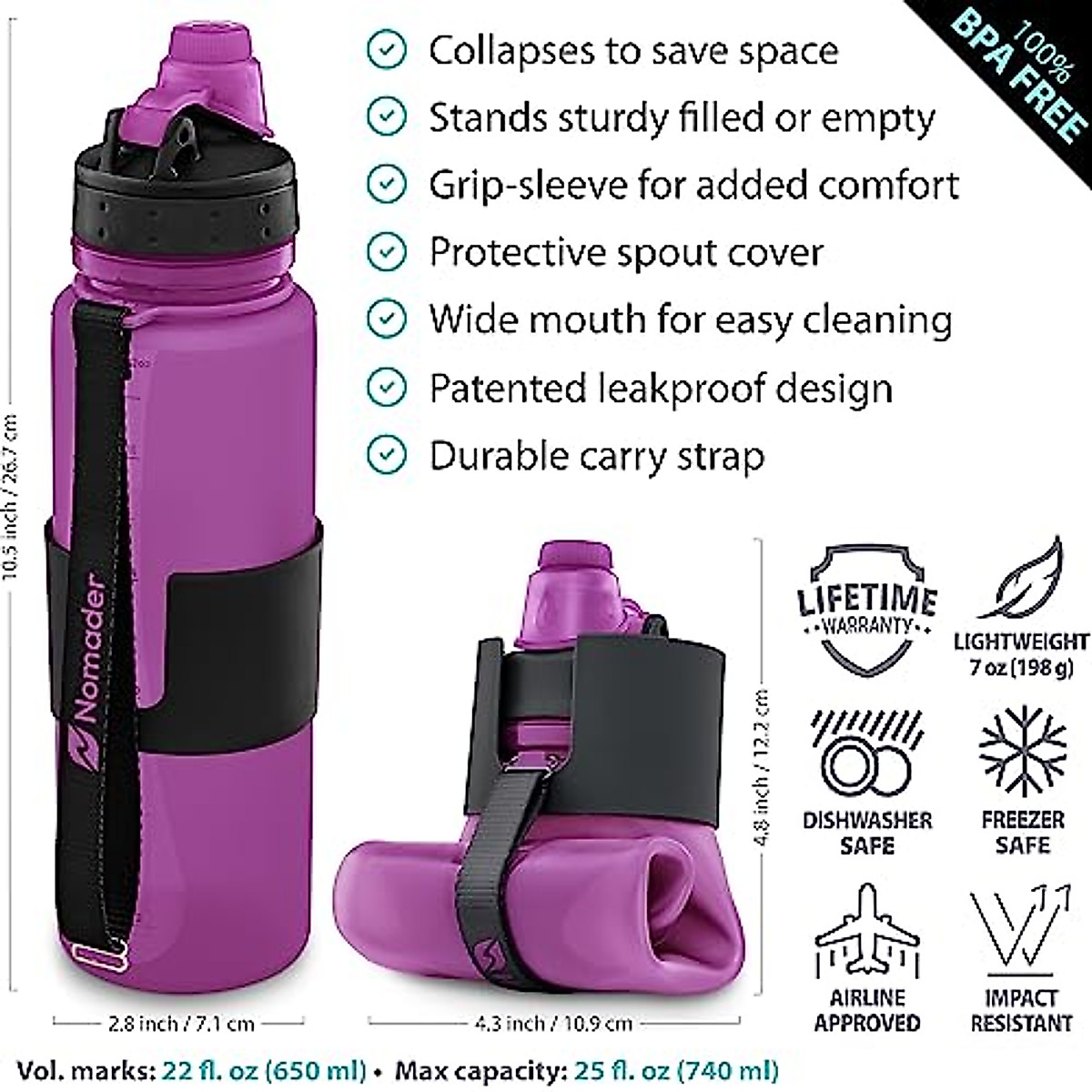 Nomader BPA Free Collapsible Sports Water Bottle - Foldable with Reusable Leak Proof Twist Cap for Gym Travel Hiking Camping and Outdoors - 22 oz (Purple)