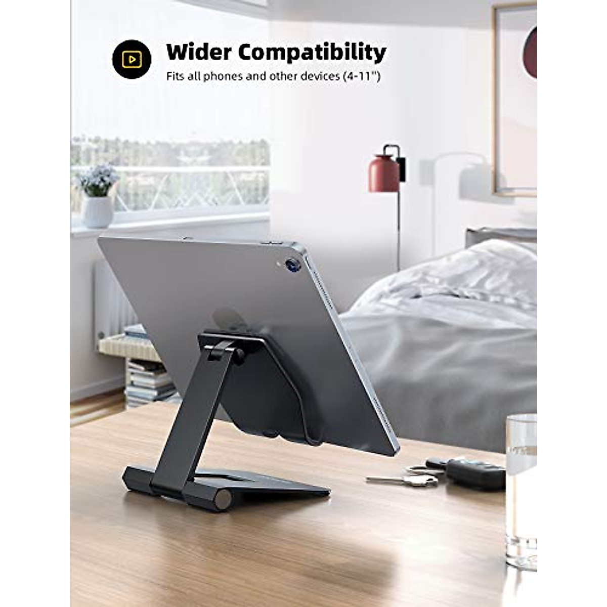 Lamicall Upgrade Super Stable Cell Phone Stand for Desk - Foldable Portable Aluminum Desktop Phone Holder Cradle Dock, Compatible for iPhone 14 13 12 Mini 11 Pro Xs Max Smartphones, Tablets 4-11"