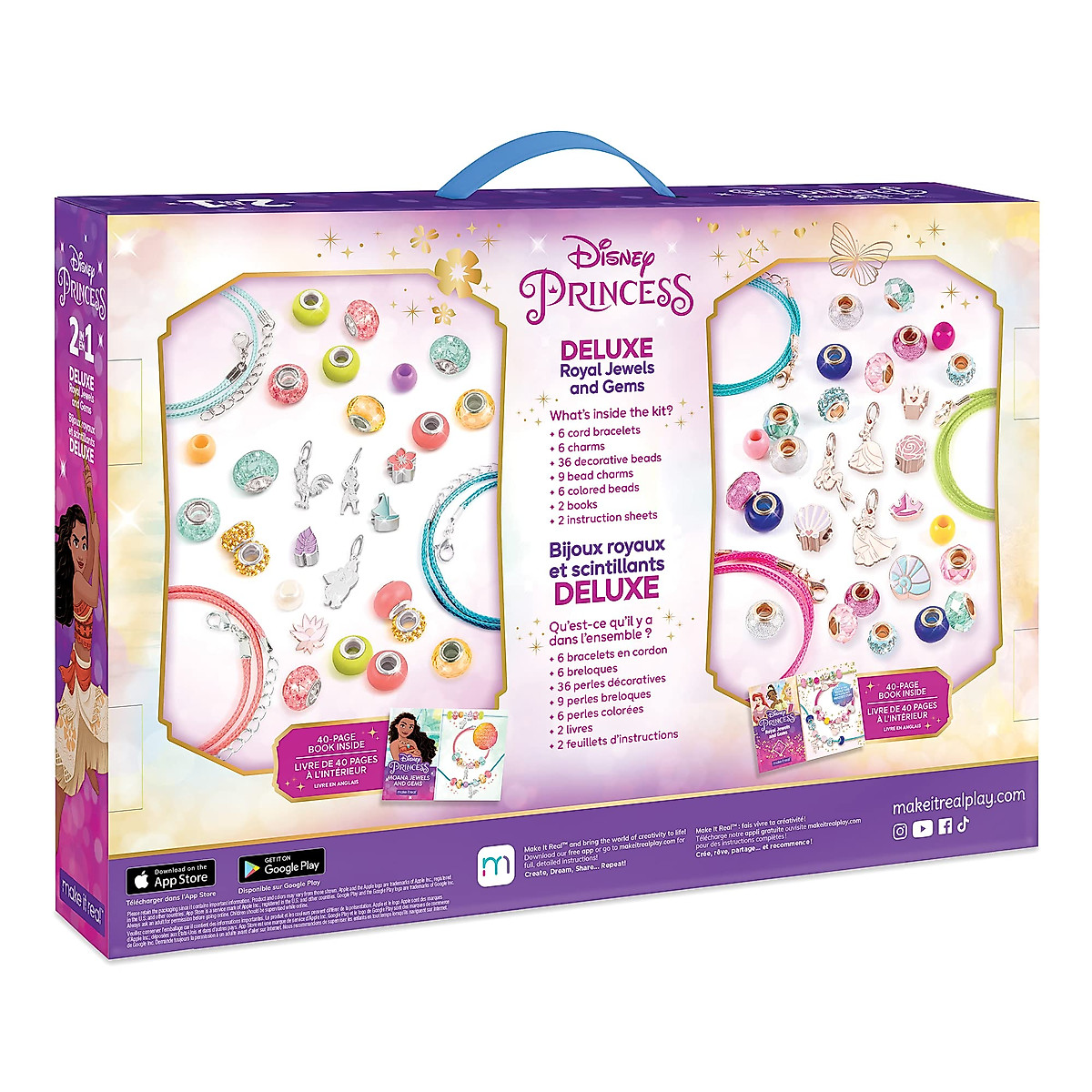 Make It Real Disney Princess 2 in 1 Deluxe Royal Jewels & Gems - Disney Princess Craft Kit with Disney Charms & Beads - Disney Princess Jewelry Making Kit for Girls 8-10-12-14