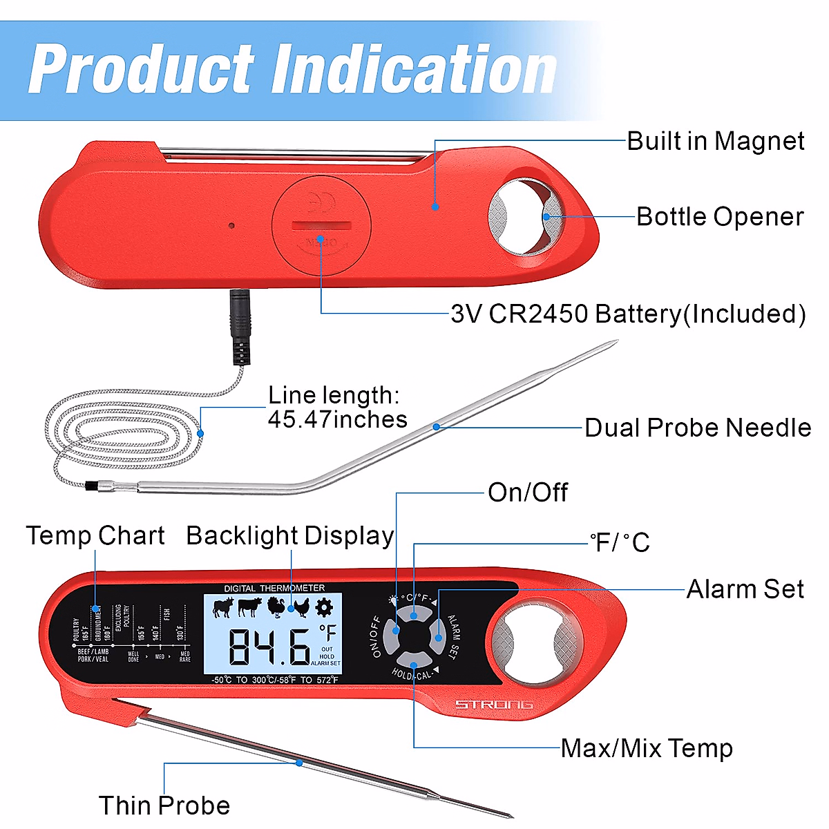 Meat Thermometer, DecorStar Dual Probe Food Thermometer with Backlight & Calibration, Digital Instant Read Meat Thermometer for Kitchen, Food Cooking, BBQ, Milk, Coffee, and Oil Deep Frying (Red)