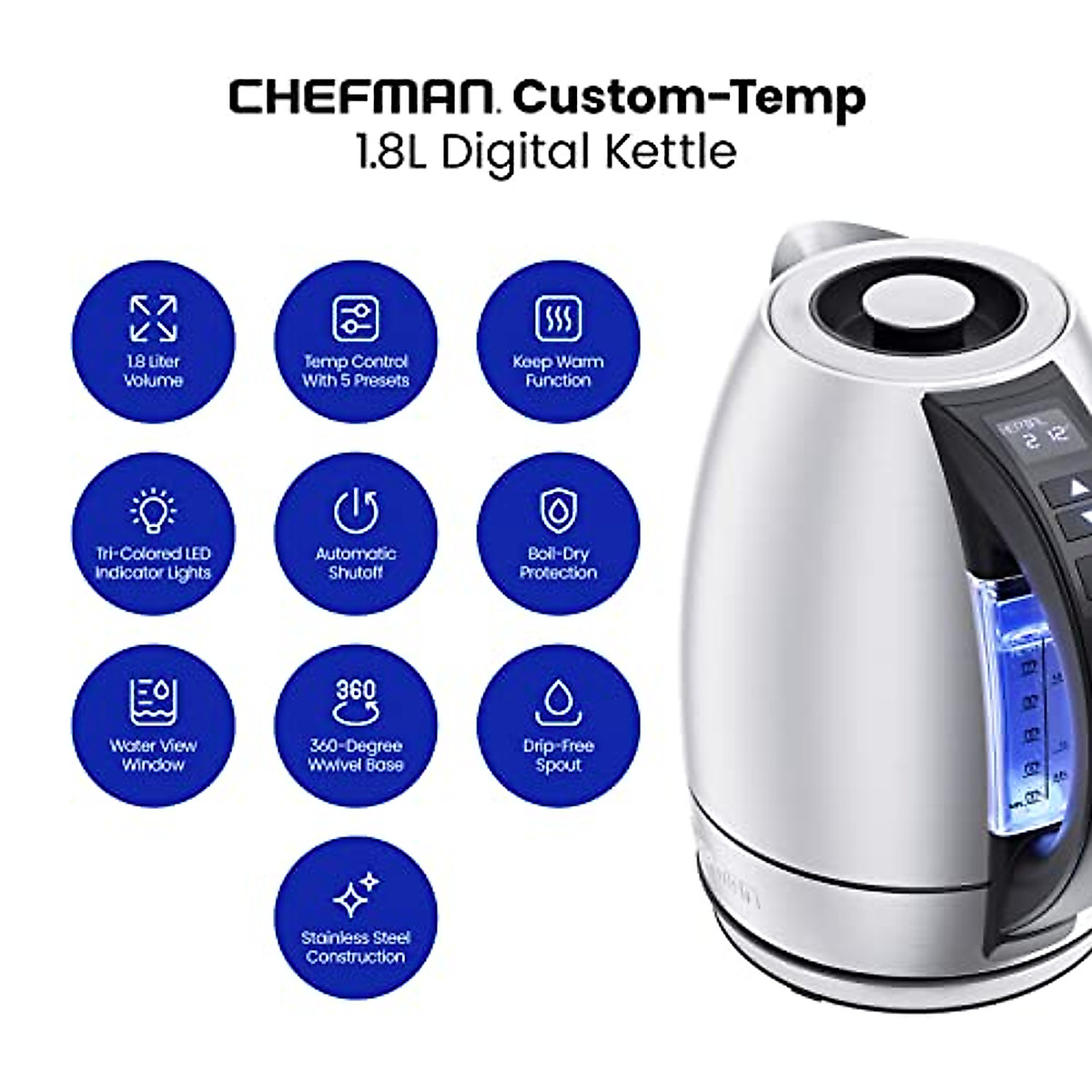 Chefman Electric Tea Kettle, 1.7 Liter Hot Water Electric Kettle Temperature Control Water Boiler with 5 Presets, Tri-Colored LED Lights, Keep Warm, Automatic Shutoff, Stainless