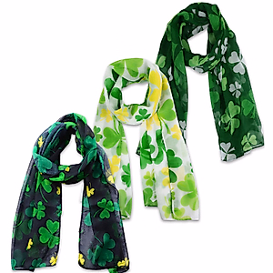 3 Pcs Women's St. Patrick's Day Scarf Long Green Shamrock Scarf Lightweight Irish Clover Silky Scarf Women Sheer Wrap Shawls Holiday Outfits Costume Accessories for Parade Party Supplies Favors