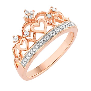 14K Rose Gold Plated .925 Sterling Silver 1/10 Cttw Diamond Heart Crown Ring (I-J Color, I2-I3 Clarity) - Size 7