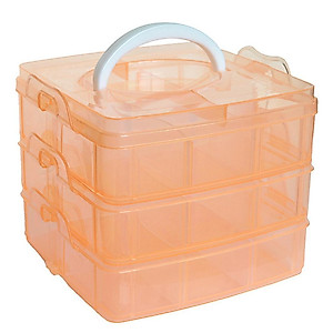 Kamay's 3-Tier Transparent Stackable Adjustable Compartment Slot Plastic Craft Storage Box Organizer Snap-Lock Tray Container 3 Sizes 4 Candy Colors Available (Medium 18 Compartment, Orange)