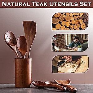 NAYAHOSE Wooden Spoons for Cooking, 6 Pcs Wooden Utensils for Cooking, Natural Teak Wood Non-Stick Cooking Spoons, Comfort Grip Wood Utensils Set for Kitchen