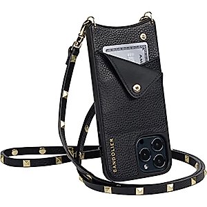Bandolier Sarah Crossbody Phone Case and Wallet - Black Leather with Gold Detail - Compatible with iPhone 13 Pro