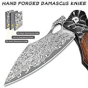 Minowe Handmade Damascus Steel Folding Pocket Knife， with 3.7in Sharp Blade，Men's Folding Knife, Liner Lock，Desert Ironwood Handle，with Leather Sheath, Home Outdoor EDC Knife, Camping Gift Knifeife
