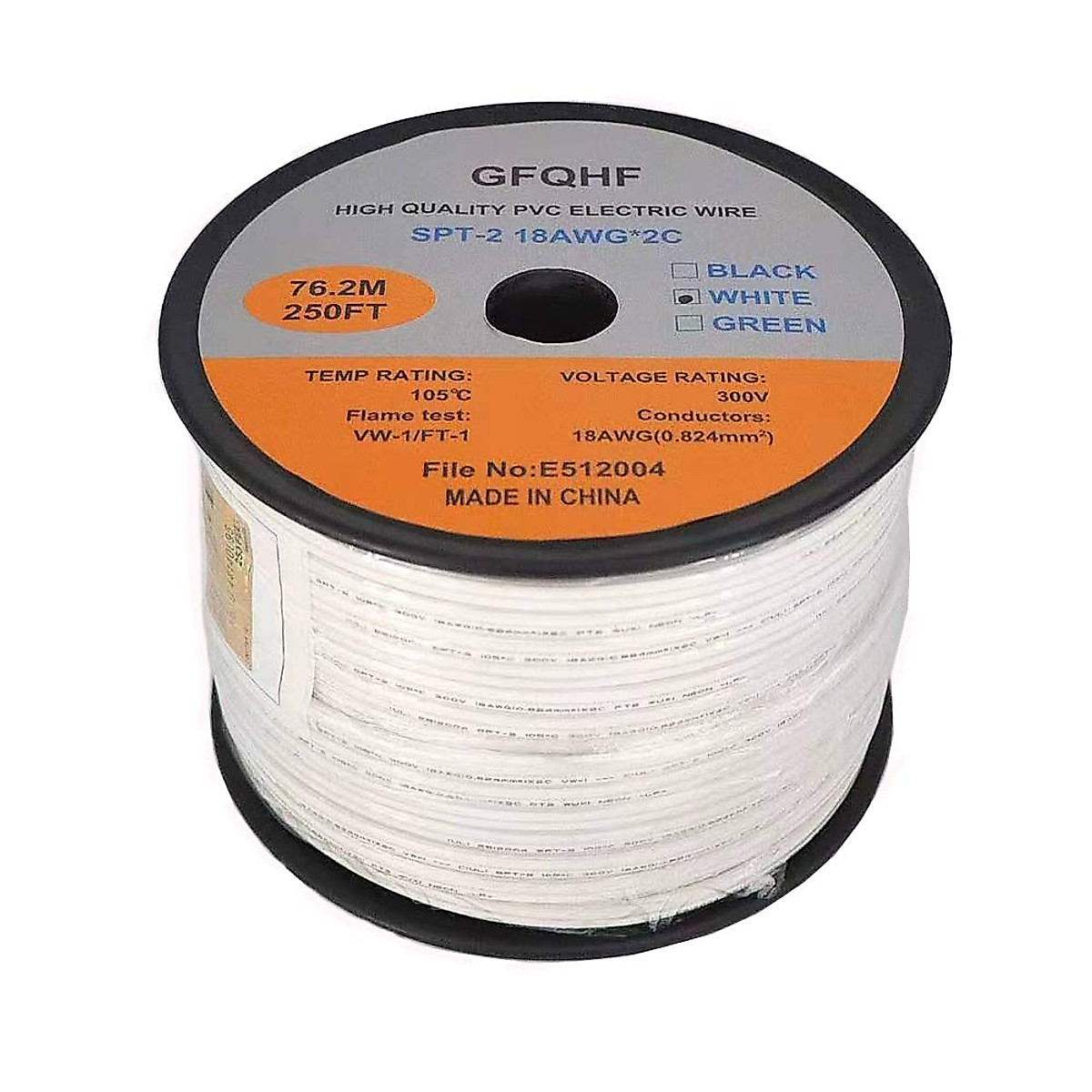 GFQHF 250FT White SPT-2 Zip Cord Wire 18/2 Extension Electrical Cable, UL Listed 18 Gauge Wire, Work with SPT-2 Vampire Plug