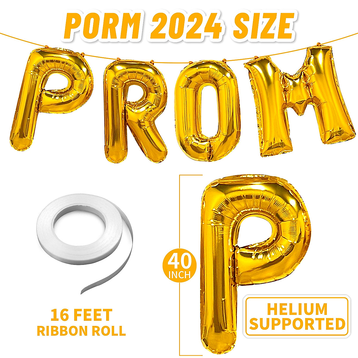 algpty Prom 2024 Balloons Gold 40 Inch Giant - Prom 2024 Decorations Decor for Prom 2024 Party Graduation Decorations Foil Mylar Prom 2024 Balloons Banner Sign for Prom Night Graduation Party