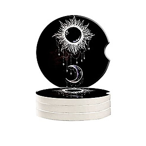 Car Coasters 4 Pack Car Cup Holder Coaster 2.56" Drink Coasters Ceramic Stone Cork Base Set (Sun and Moon)