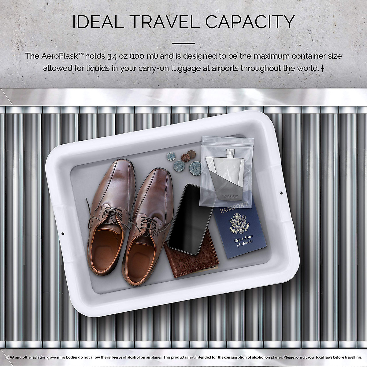 Final Touch Aero Flask Travel Liquor Container - 3.4 oz 100ml Carry-On Flask with Built-in Funnel - Aerodynamic Design Inspired by Airplane Wings - Stainless Steel - Comfortable for Pocket (FTA1820)