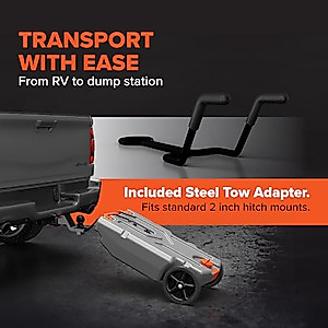Camco Rhino 15-Gallon Portable Camper / RV Tote Tank - Features Large Heavy-Duty No-Flat Wheels & Low Drain Hole - Includes Removable Steel Tow Adapter, 3’ RV Sewer Hose & More RV Accessories (39000)