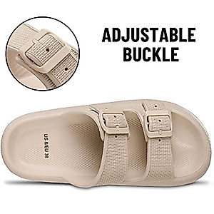 Beslip Cloud Sides for Women with Adjustable Buckles Soft Pillow Sandals Slipper Shower Shoes,Khiki Women Size 12
