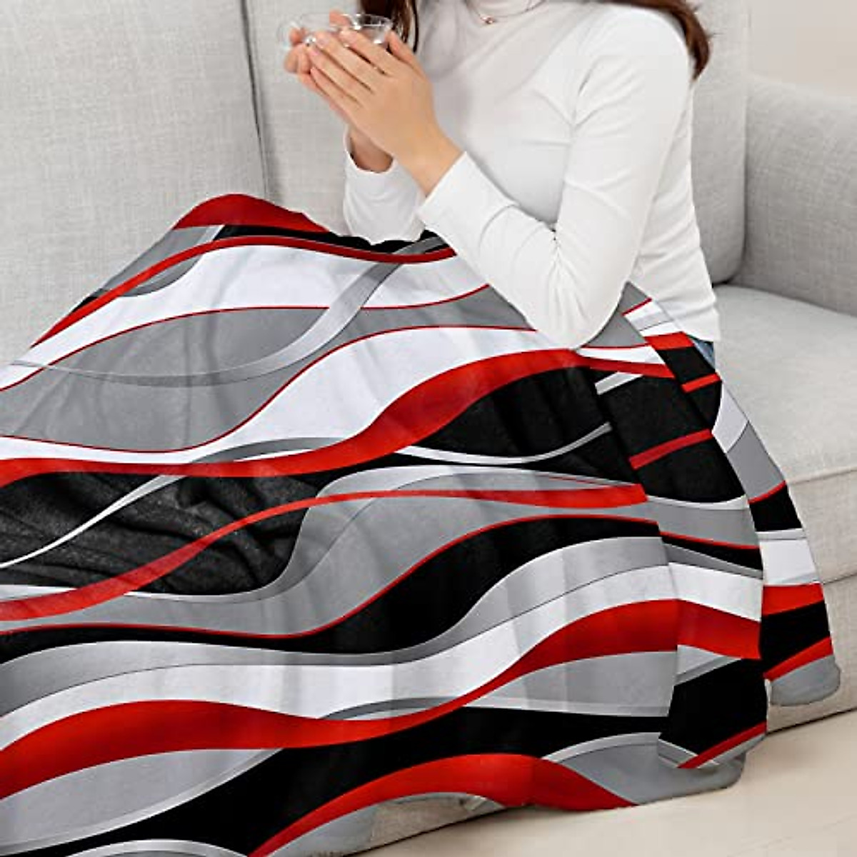 Red Black Grey Throw Blanket Flannel Fleece, Soft Plush Cozy Baby Blankets, Modern White Moire Geometric Abstract Art Blankets Throws Warn Fuzzy Blanket for Couch/Sofa/Chair/Travel 50"x60"