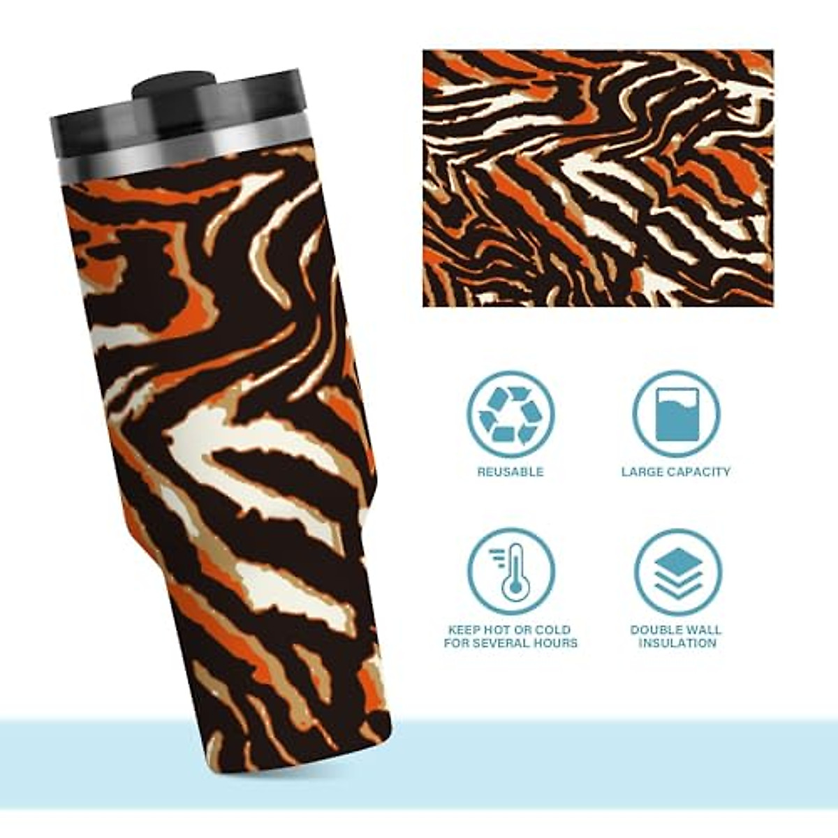 Yasala Car Tumbler with Handle Brown Orange Zebra Print Travel Mug Coffee Cup Insulated Beverage Container Mega Cup for Hot Cold Drinking Thermos Water Bottle Cupholder Friendly 40 oz