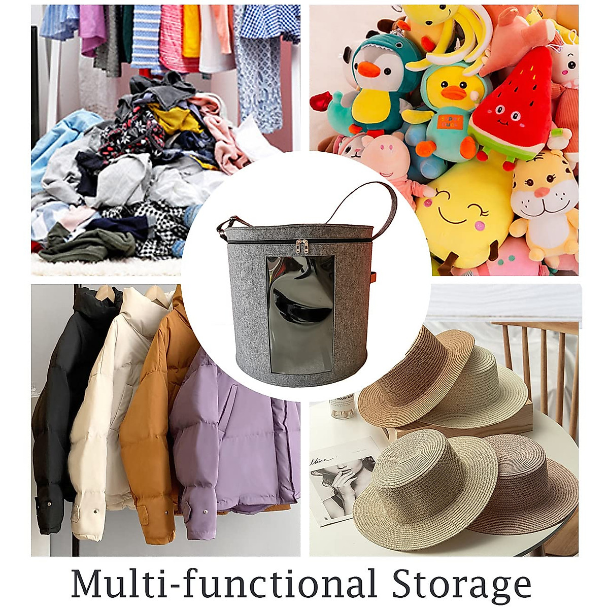 Aeeteek Hat Storage Box 19" D x 17" H Portable Felt Organizer Bucket Foldable Large Capacity Bag Round Travel Hat Container with Dust Proof Lid, Stuffed Animal Toys and Clothes Storage Bin (Grey)