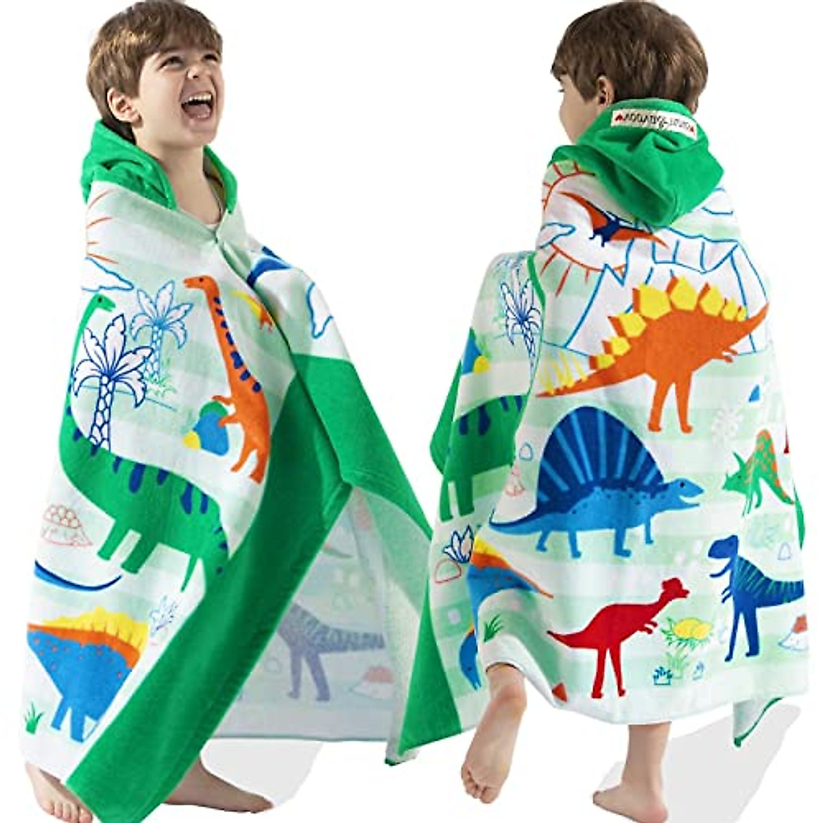 VOOVA & MOVAS Kids Towels with Hood | Soft Cotton (30X50 inches) Beach | Pool | Bath Towels | Summer Beach Essentials | Wrap Bathrobe for Boys Ages 3-10, for Toddler, Dinosaur | Dino