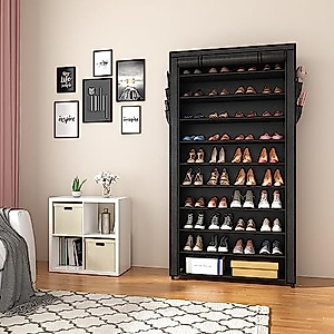ROJASOP 10 Tier Shoe Rack with Covers,Large Capacity Stackable Tall Shoe Shelf Storage to 50-55 Pairs Shoes and Boots Sturdy Metal Free Standing Shoe Rack Organizer for Closet Entryway Garage Bedroom