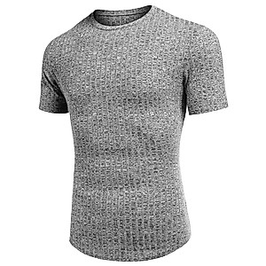 URRU Men's Muscle T Shirts Stretch Short Sleeve Bodybuilding Workout Casual Slim Fit Tee Shirts Grey M