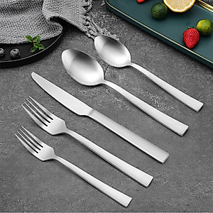 40-Piece Matte Silverware Set, E-far Stainless Steel Flatware Set Service for 8, Metal Cutlery Eating Utensils Tableware Includes Forks/Spoons/Knives, Square Edge