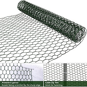 Aboofx Green Chicken Wire for Floral Arrangements, 40 x 13.7 inch Chicken Wire Mesh, Hexagonal PVC Coated Galvanized Iron Wire for Garden, Chicken Wire Fencing with 20 Zip Ties and 1 Pair of Glove