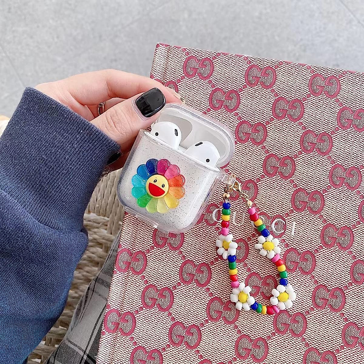 Cute AirPod Case Smile Sun Flower Bracelet Design Soft Clear Glitter Protective Cover for AirPods 1st & 2nd Generation Case