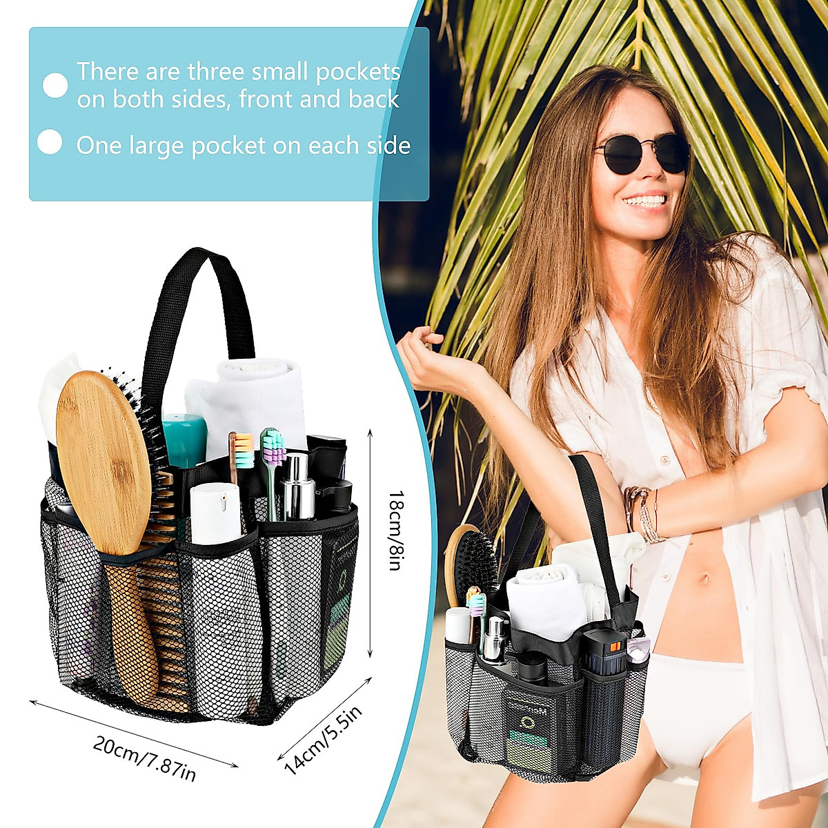 Dimeho Mesh Shower Caddy Bag Portable Large Capacity Bath Tote Basket Quick Dry Hangable Toiletry Organizer Bag 8 Storage Pocket for Gym College Dorm Beach Swimming Pool Camp Travel