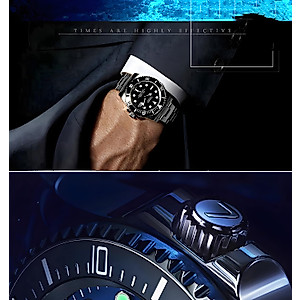 LOREO Luxury Automatic Watch for Men Sapphire Crystals Black Rotating Bezel Luminous Markers and Hands Date 316L Stainless Steel Case and Bnad Waterproof Watch