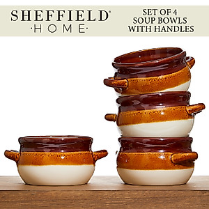 Sheffield Home French Onion Soup Crocks - Set of 4, 18oz Stoneware Pot with Handles - Ideal for Soup, Chili, and Beef Stew - Dishwasher, Microwave, and Oven Safe