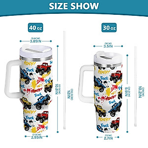 Emelivor Colorful Monster Trucks 30 oz Tumbler with Lid and Straw Insulated Tumblers with Handle Leak Proof Coffee Tumbler Mug Large Water Bottles for Hot or Ice Coffee Tea